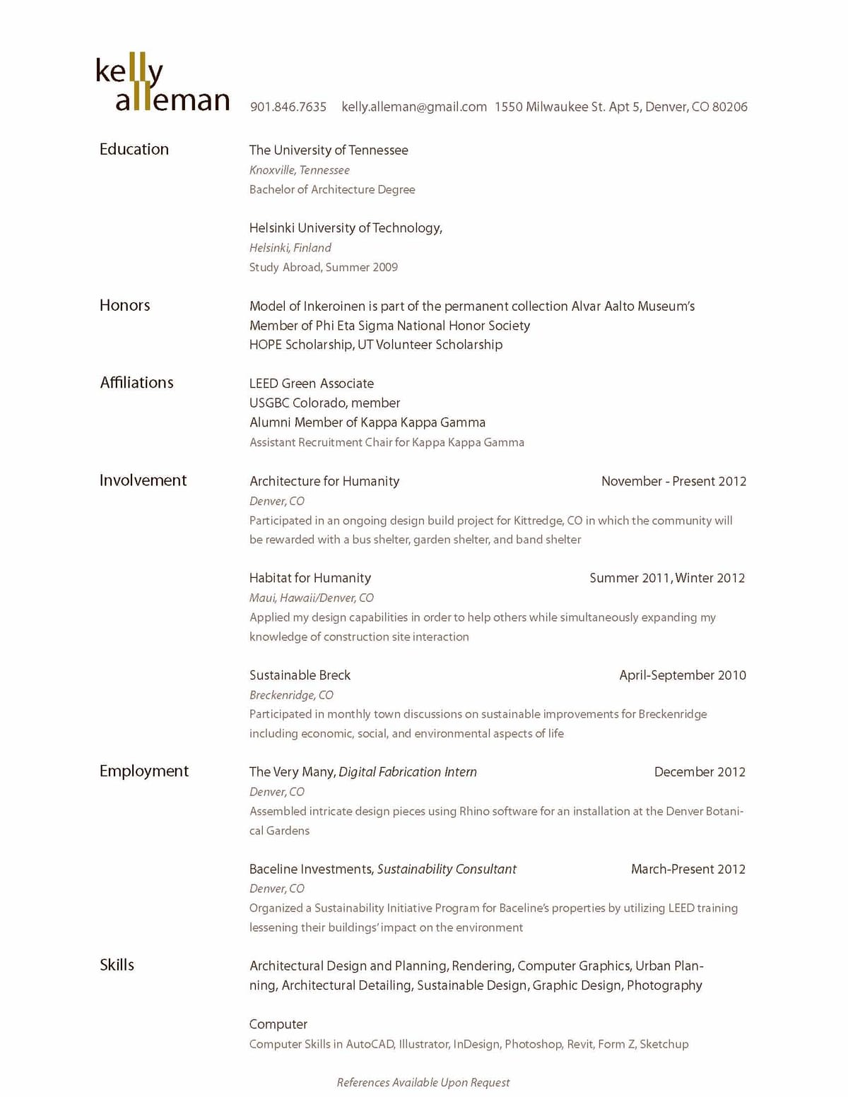 Resume | Kelly Alleman | Archinect