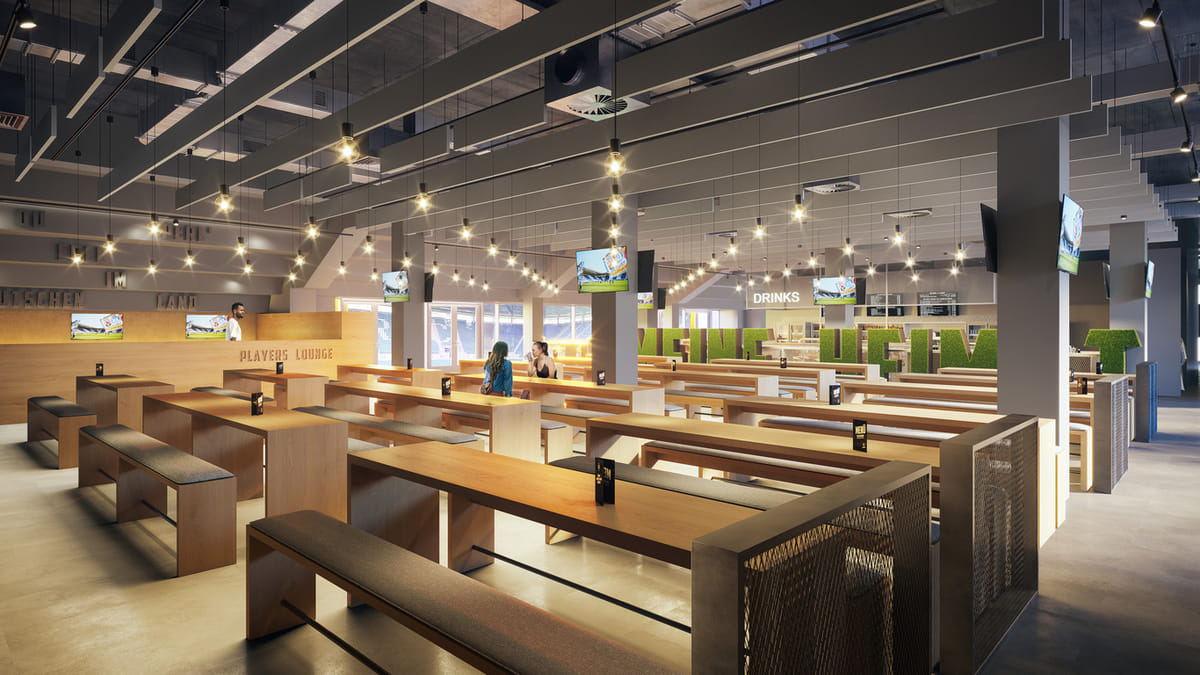 Interior visualization of a meeting area in the new Karlsruhe stadium | Render Vision | Archinect