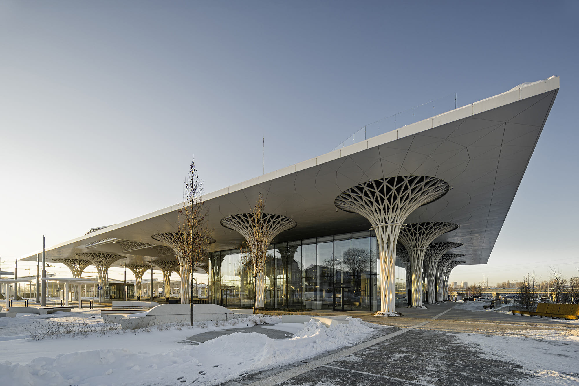 Polish transport center with tree-trunk inspired columns completed by ...